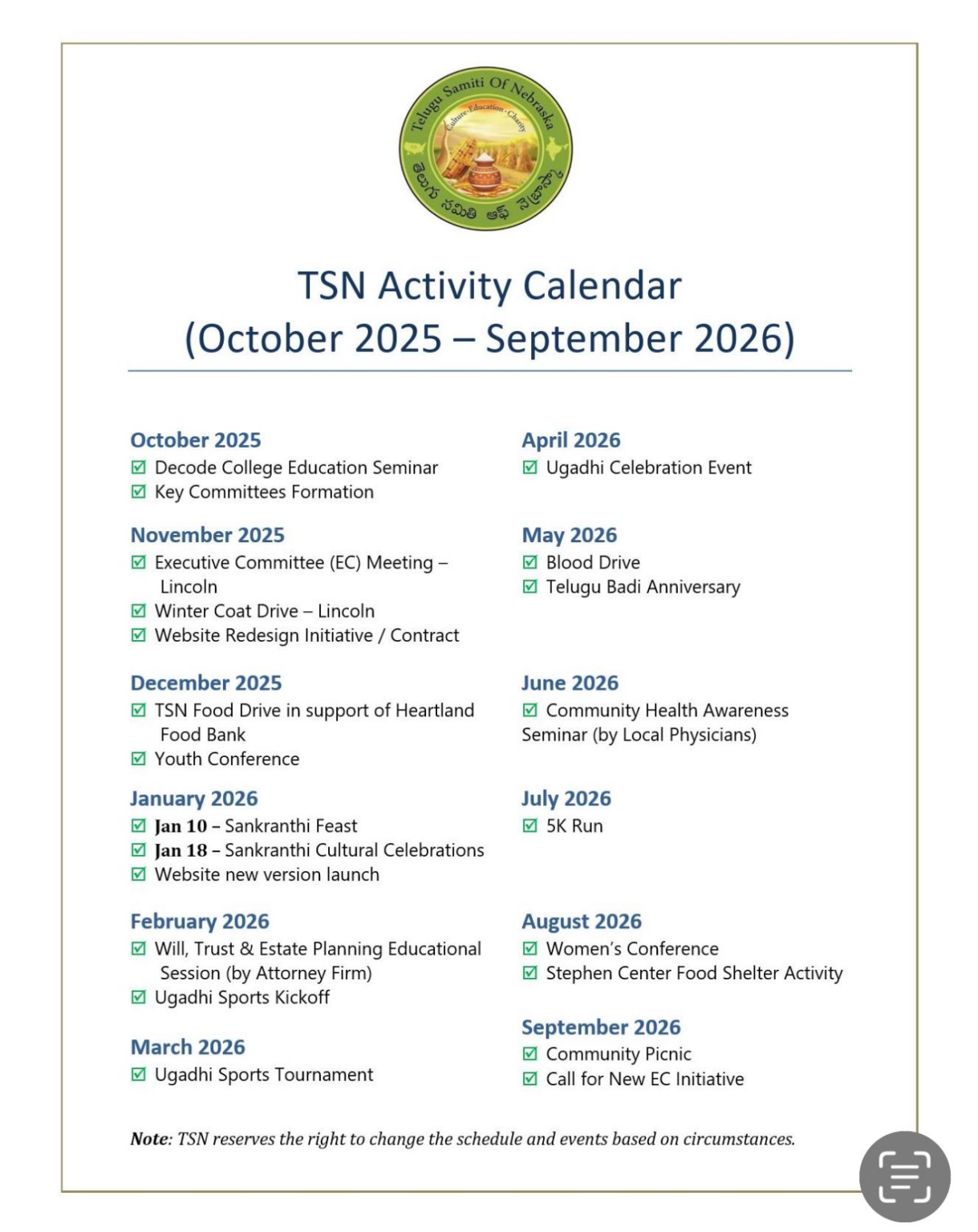Event Calendar – Telugusamiti